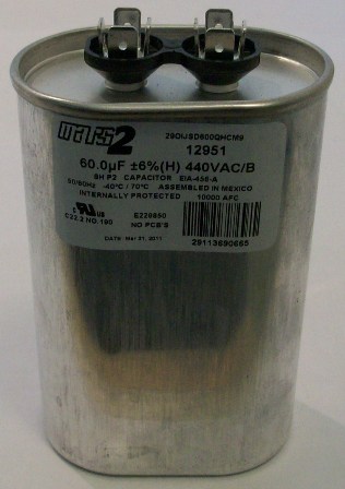 60 MFD run capacitor, 440V oval