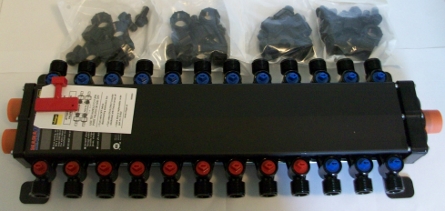 Manabloc 24-port manifold, 1/2 pex connections, 9 hot and 15 cold ports
